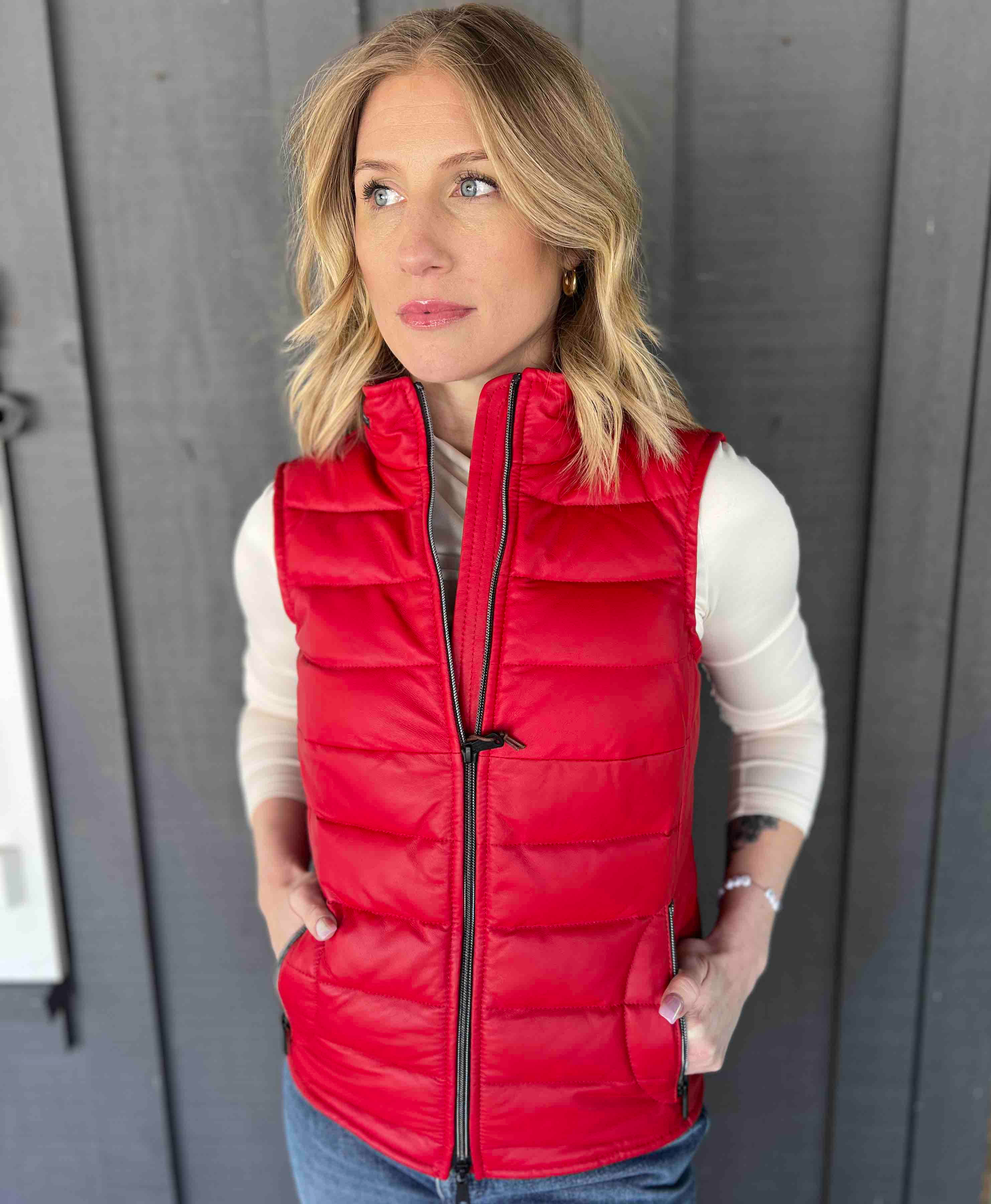 SPA LEATHER DOWN VEST - RED – TJ Bailey's